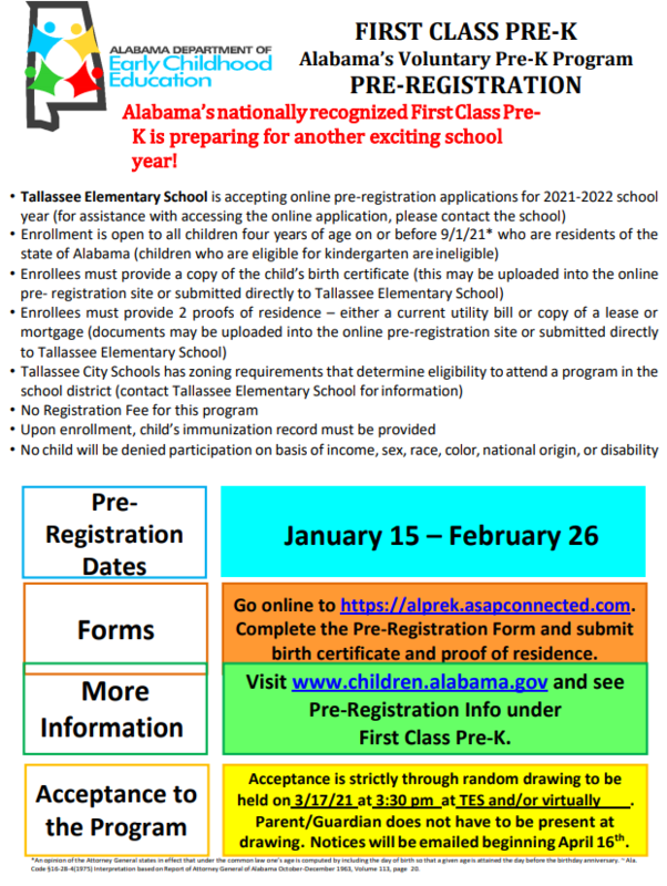 FIRST CLASS PRE-K PROGRAM PRE-REGISTRATION | Tallassee City Schools